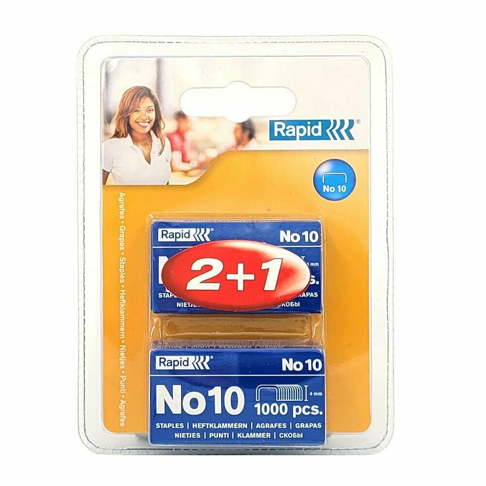 Скобы Rapid, №10, гальванизированные, 2 + 1 x 1M, 3 x 1000 штук, блистер №10, пр-во Швеция