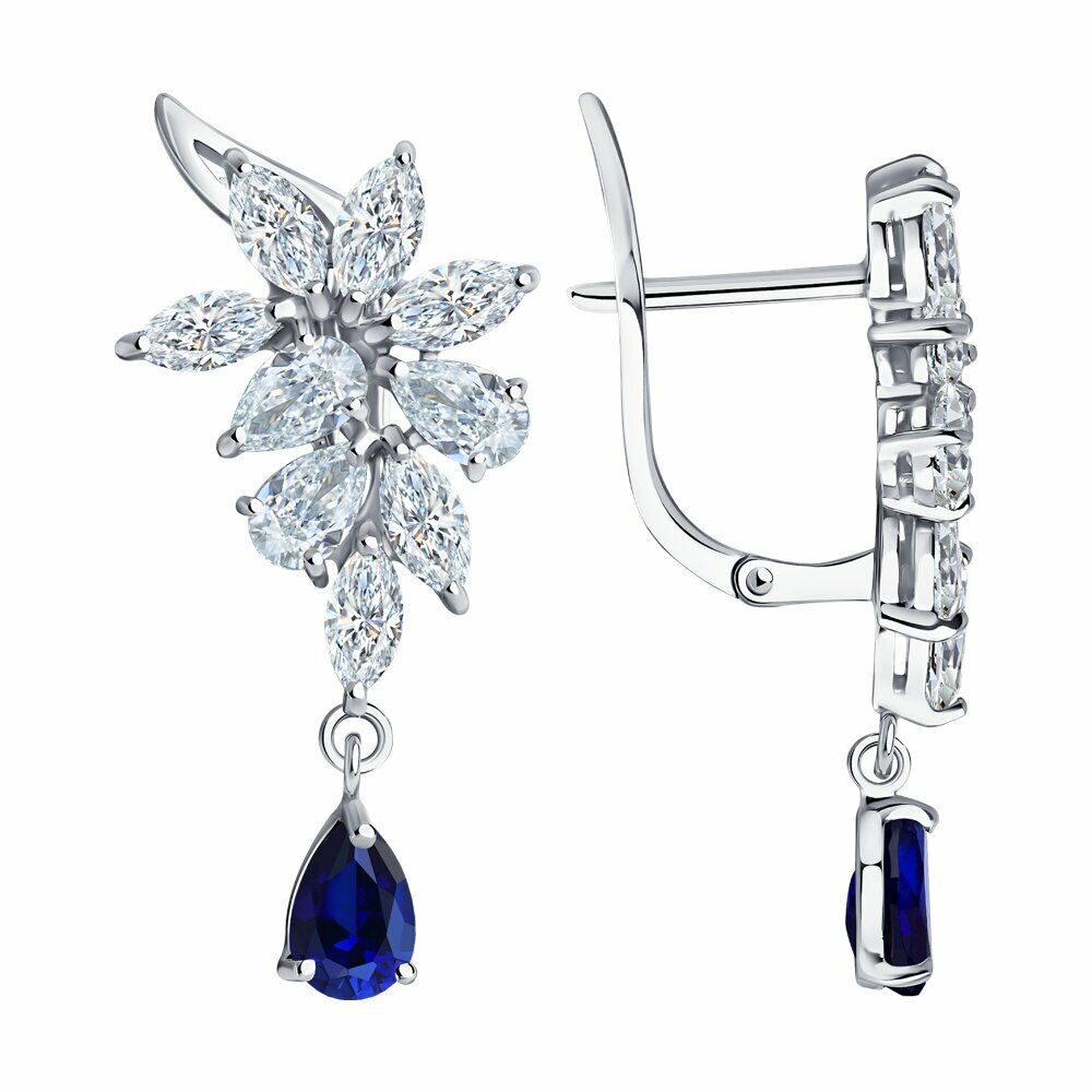 Серьги с подвесками, белое золото, 585 проба, сапфир синтетический, сапфир