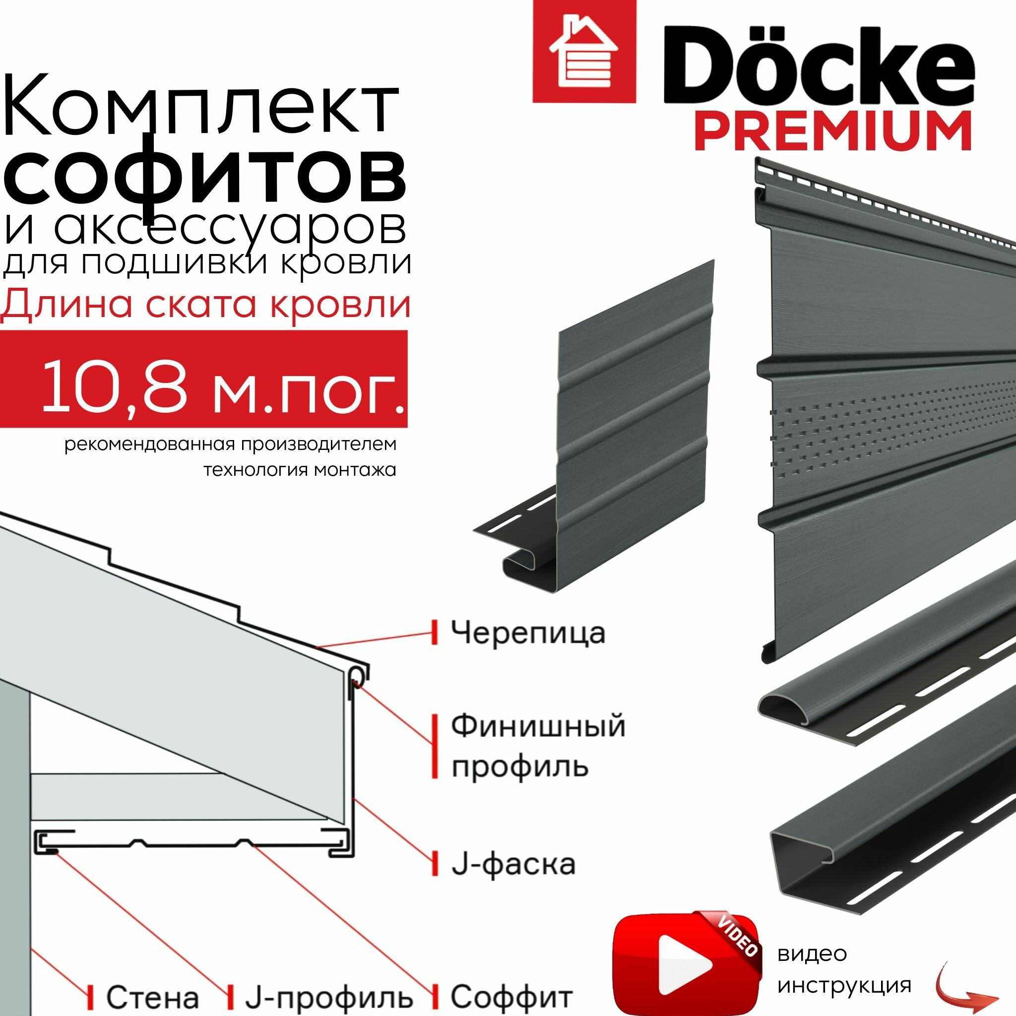 Софиты для кровли виниловый. комплект для подшивки кровли, Docke Premium, ral 7024, цвет графит.