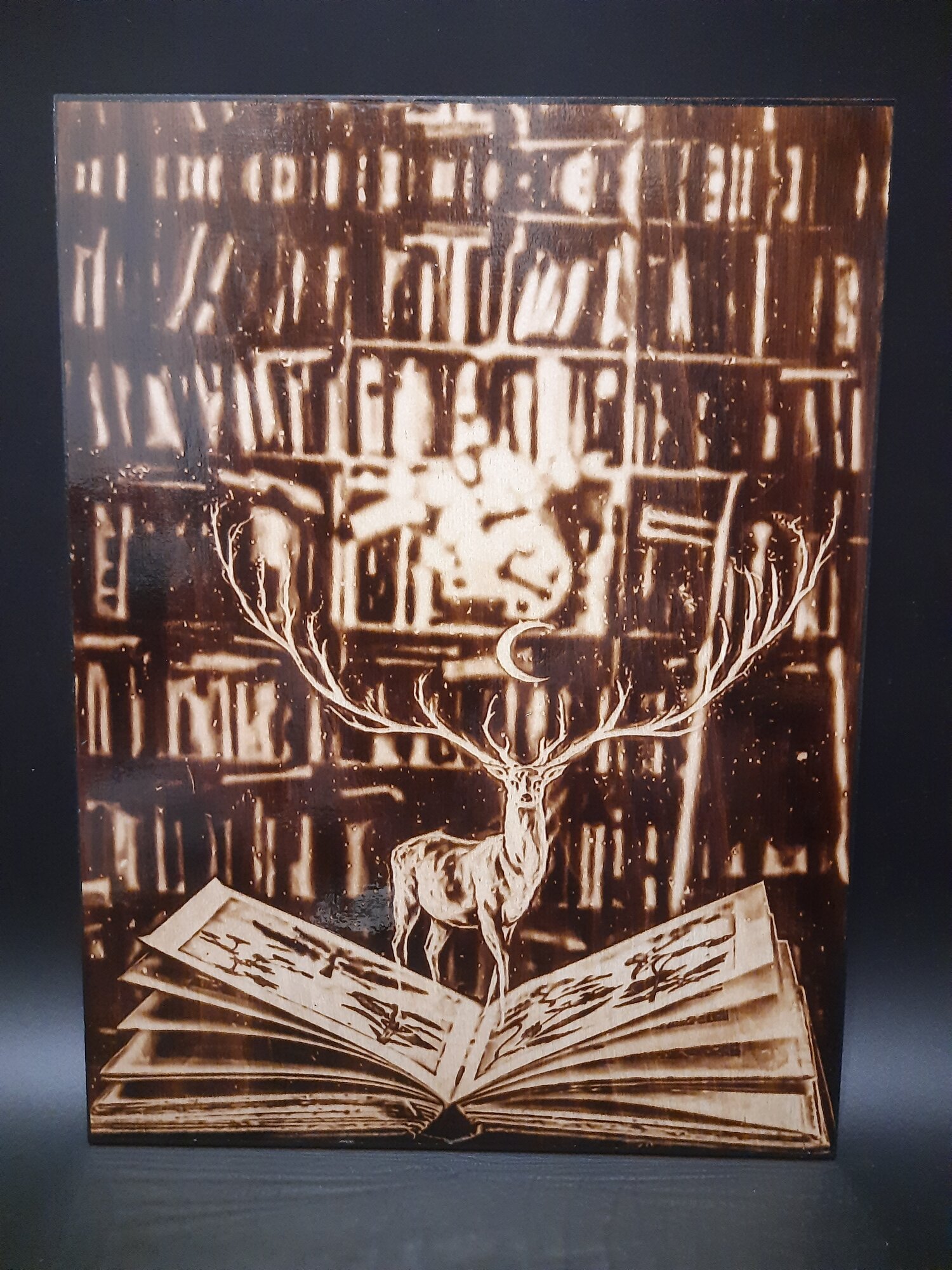 Картина на стене "Олень в библиотеке", выжженная картина на дереве в формате А3