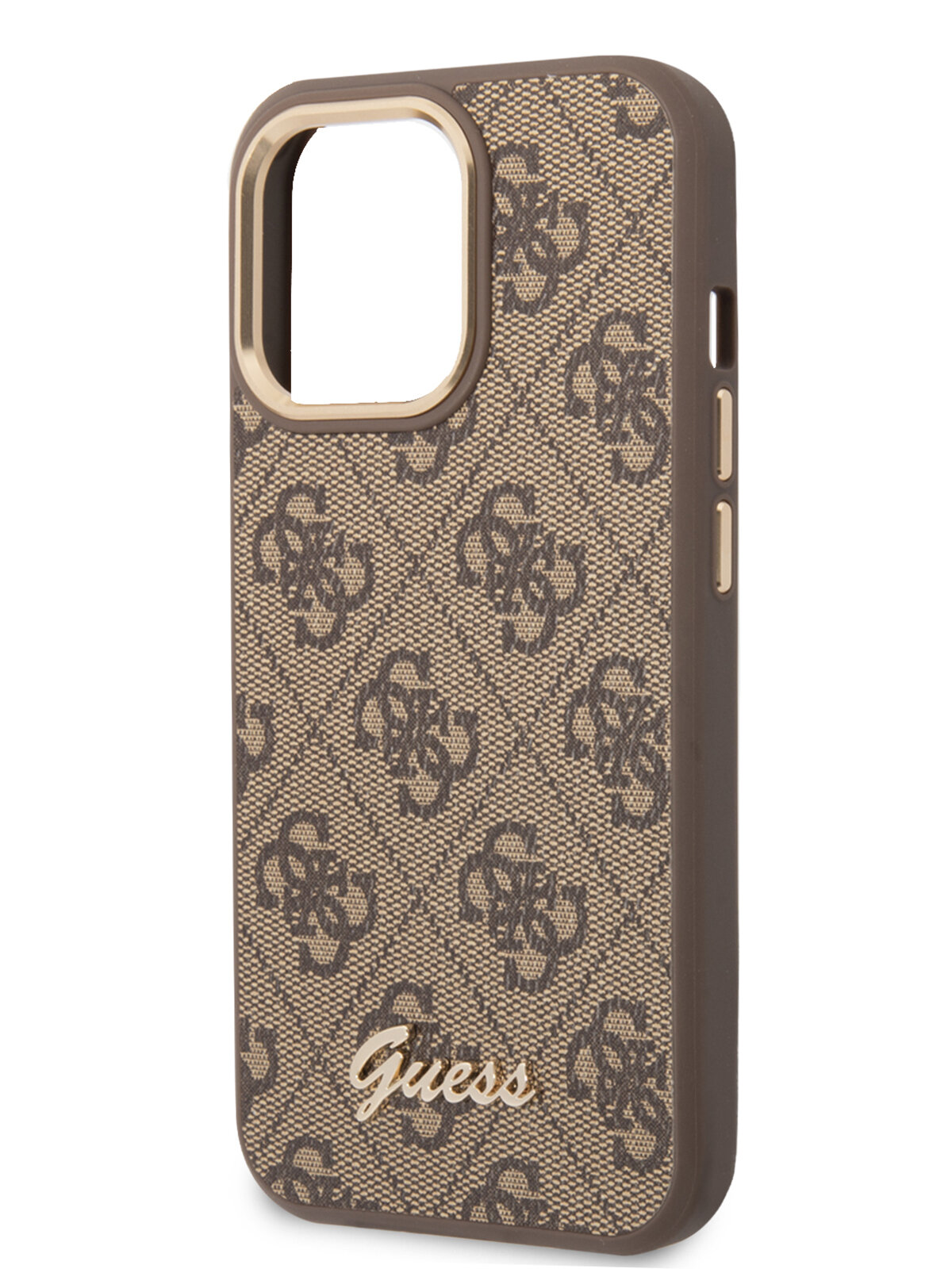 Guess для iPhone 14 Pro чехол PU 4G Script metal logo Hard Brown (MagSafe)