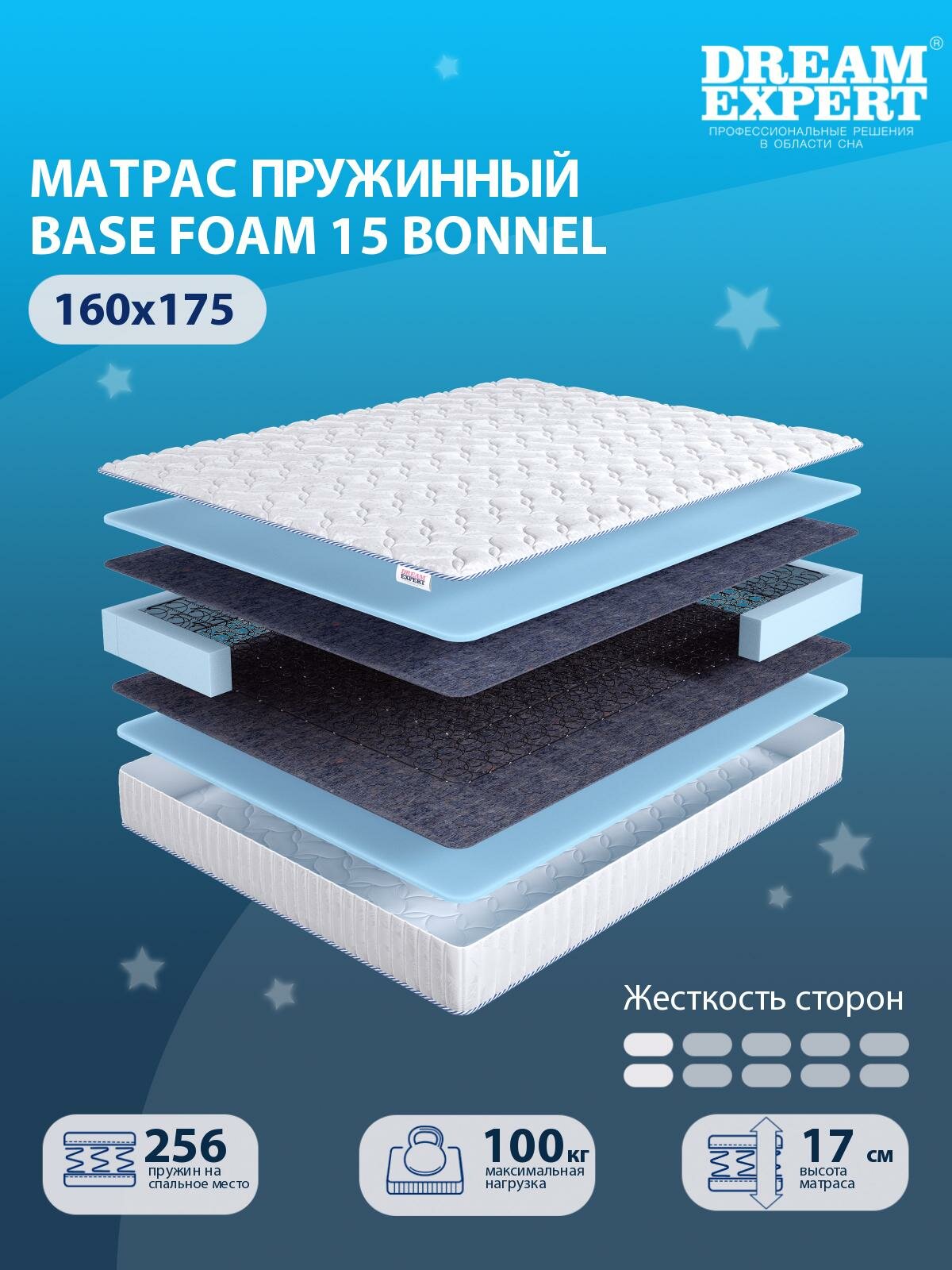 Матрас, Ортопедический матрас DreamExpert Base Foam 15 Bonnel низкой жесткости, двуспальный, зависимый пружинный блок, на кровать 160x175