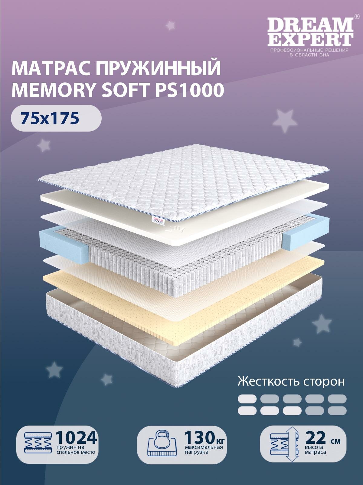 Матрас, Анатомический матрас DreamExpert Memory Soft PS1000, низкая и средняя жесткость, детский, независимые пружины, на кровать 75x175