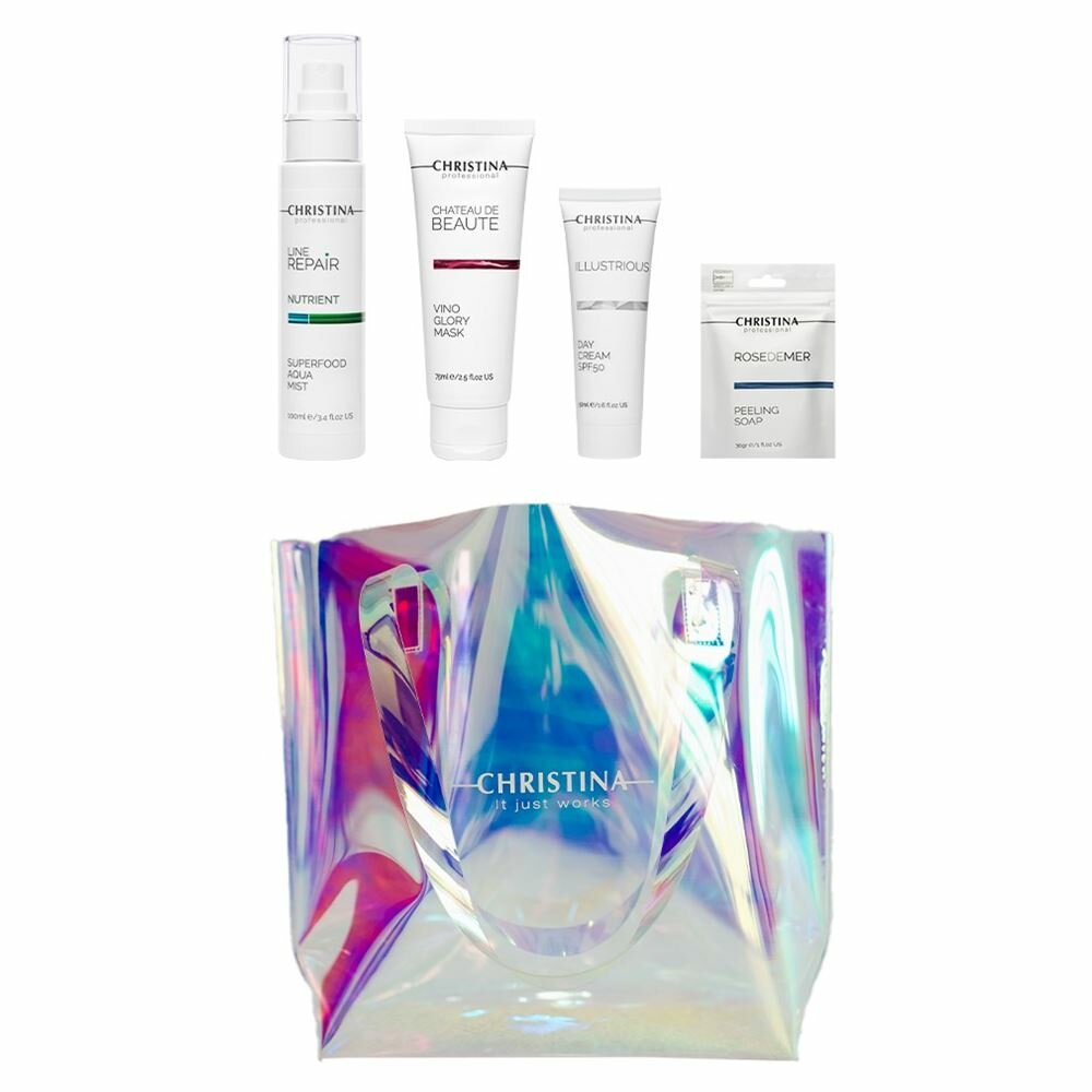 Christina Line Repair Набор «Летим в Канны» "Flying to Cannes" Kit, Набор: крем SPF 50, акваспрей, пилинг-мыло, маска-лифтинг, сумка-шопер, Набор