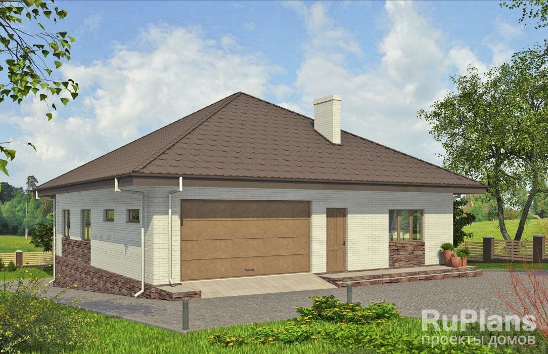 Одноэтажный дом с террасой и гаражом (147 м2, 16м x 13м) Rg5878