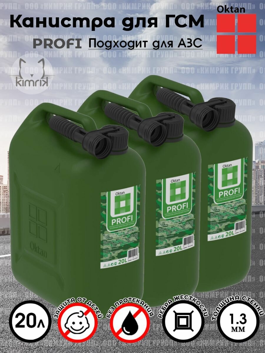 Канистра для бензина и масла PROFI пластиковая, зеленая, 3 штуки по 20 л, с заливным шлангом в комплекте, Oktan