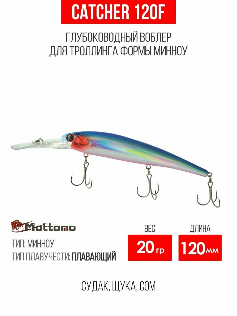 Воблер для рыбалки Mottomo Catcher 120F 20g, минноу плавающий для спиннинга, троллинга. Приманка на щуку Red Blue