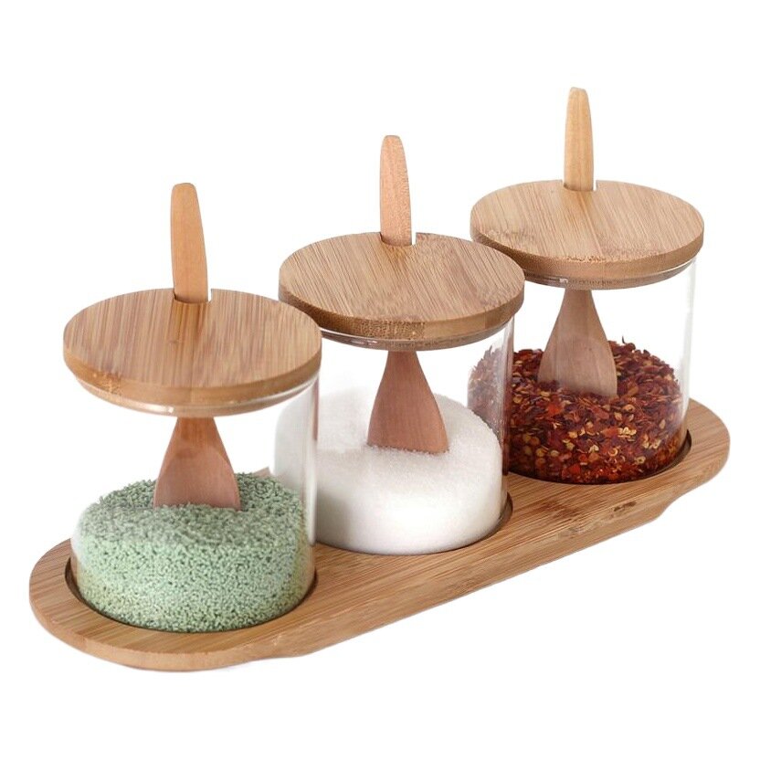 Влагостойкая коробка для приправ, боросиликатное стекло, квадратная опора из бамбука/дерева
