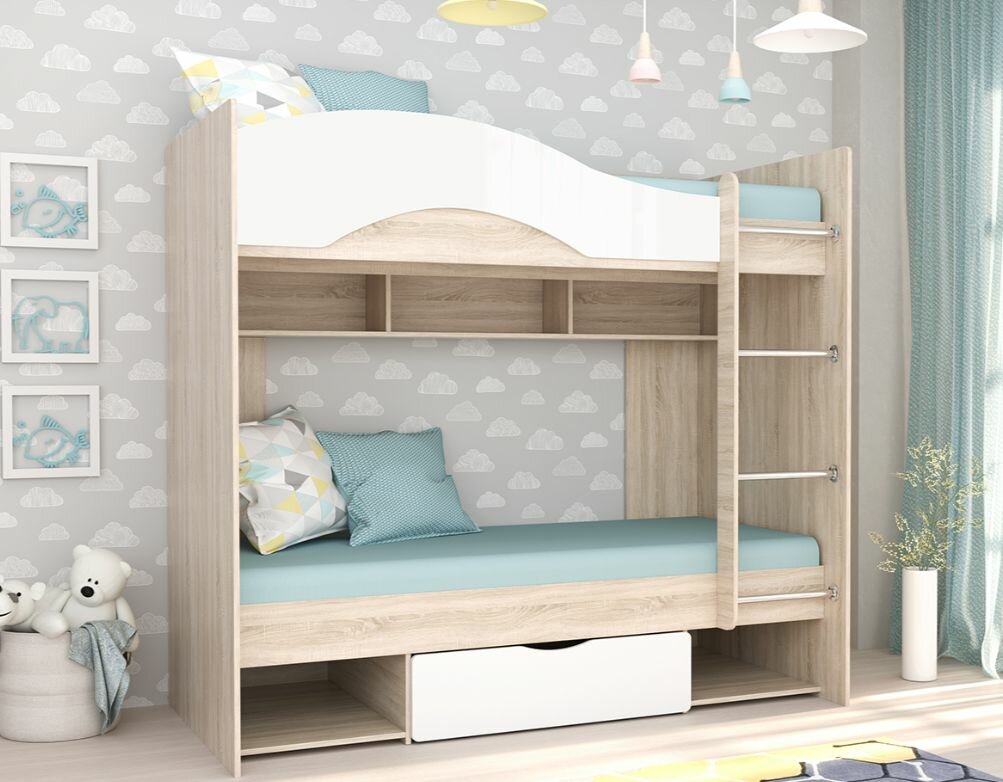 Кровать двухъярусная с лестницей "Галактика" Дуб сонома/Белый глянец