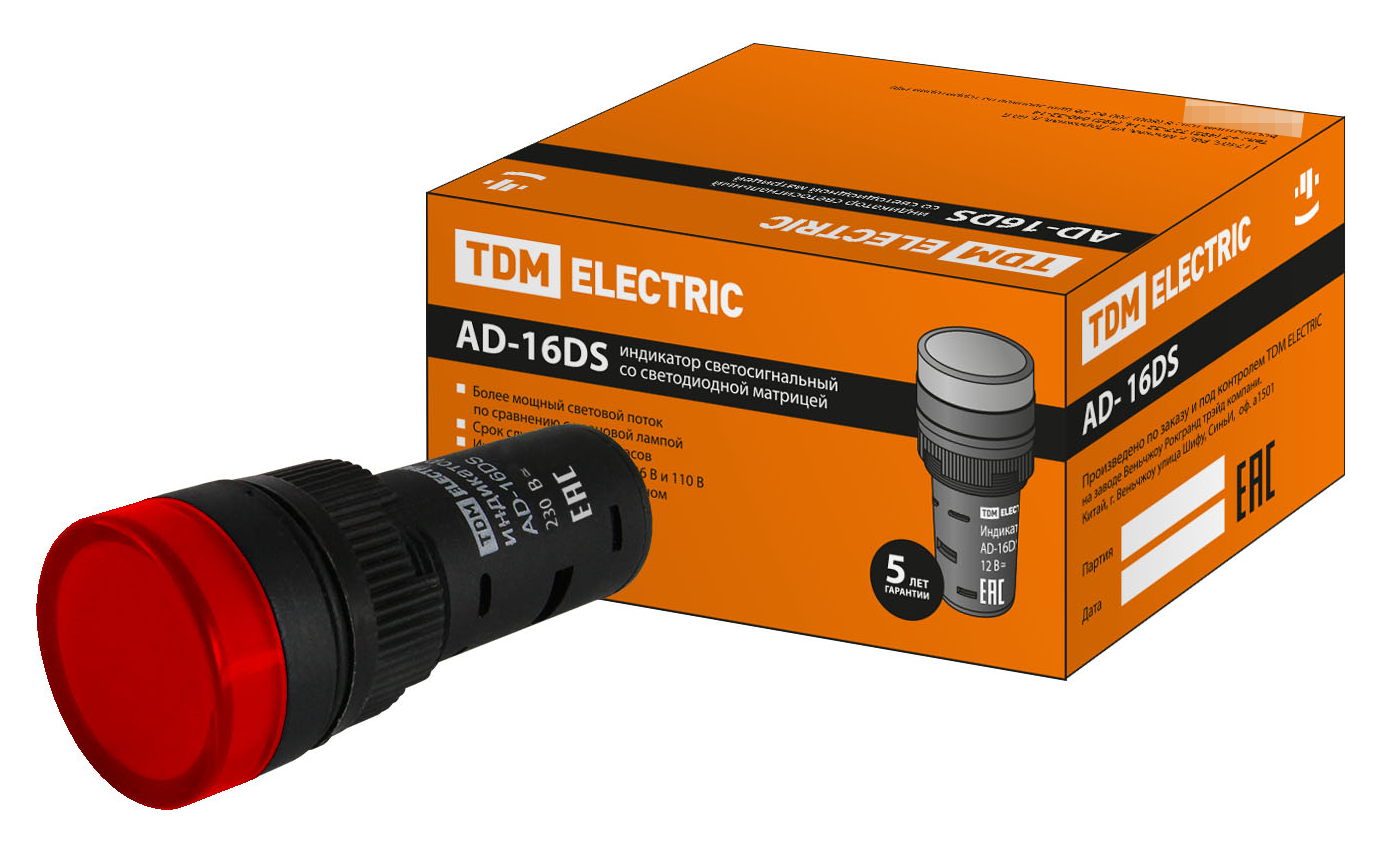 Лампа сигнальная индикаторная TDM Electric / ТДМ Электрик AD-16DS светодиодная, красное свечение, длина 46мм, диаметр отверстия 16мм, 230В, AС, IP65 / индикатор