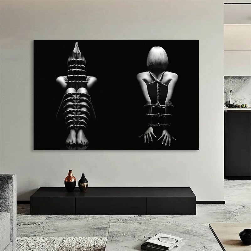 Картина эротика "Девушки", 60x80 см, холст, на подрамнике, чёрно-белая