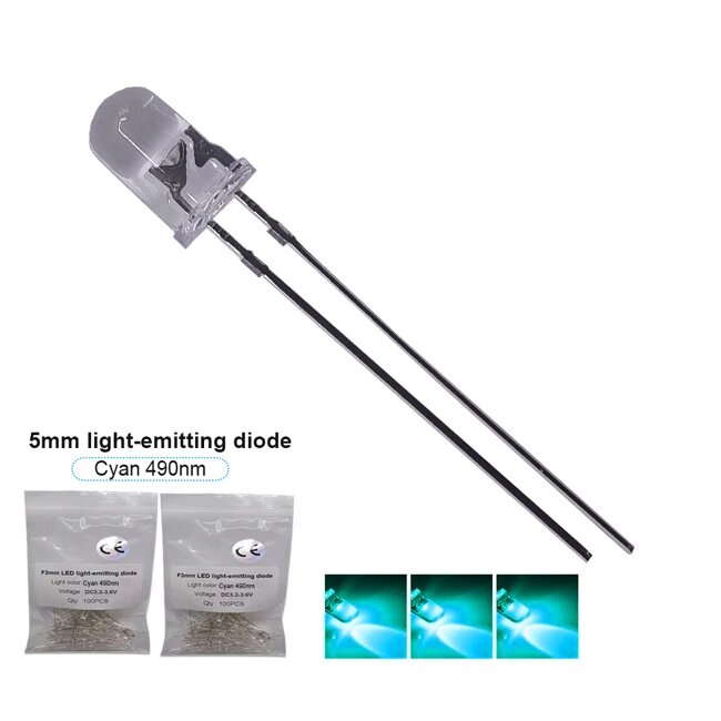5 мм 2-контактный голубой ледяной синий 480 нм 490 нм DIP светодиод с высокой подсветкой DC 3,2-3,4 В 20 мА для светофора