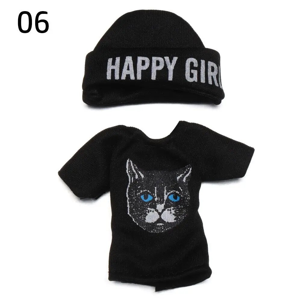Комплект одежды для куклы: черная шапка "Happy Girl" и футболка с кошкой