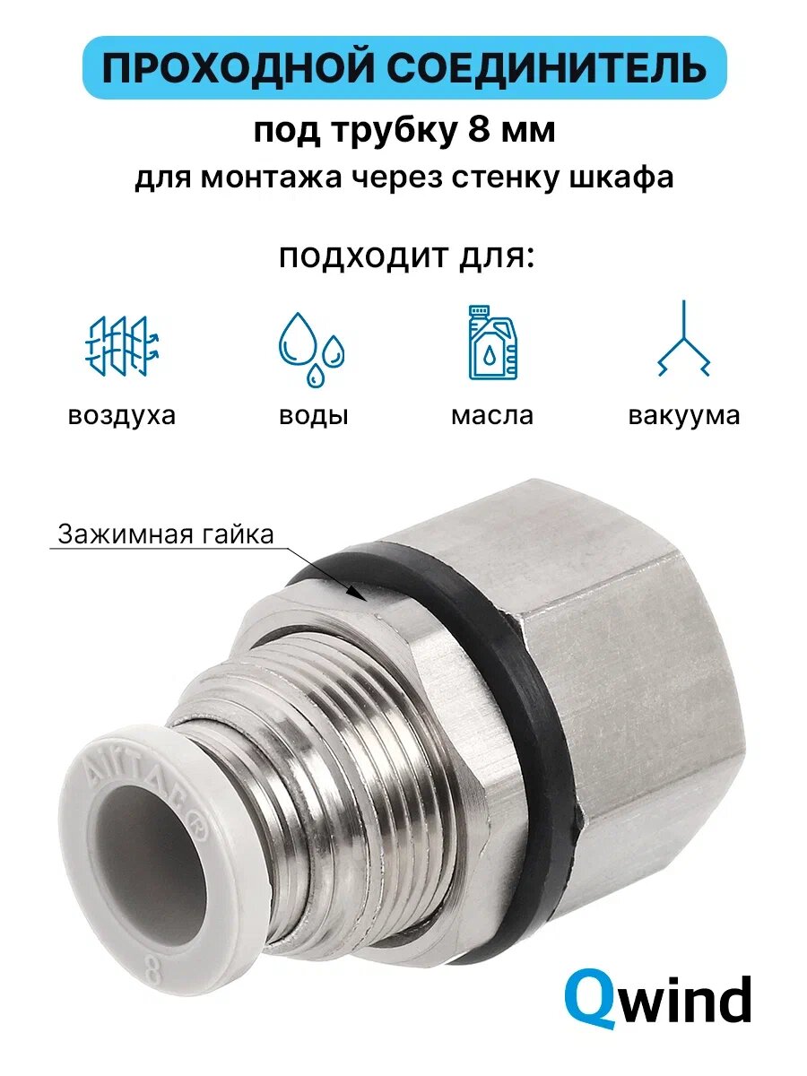 Фитинг проходной цанговый Airtac PMF802 PT1/4 под трубку 8 мм (уп. 10 шт)