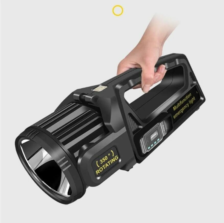 Мощный фонарь ручной / Встроенный аккумулятор / Зарядка от солнца и USB
