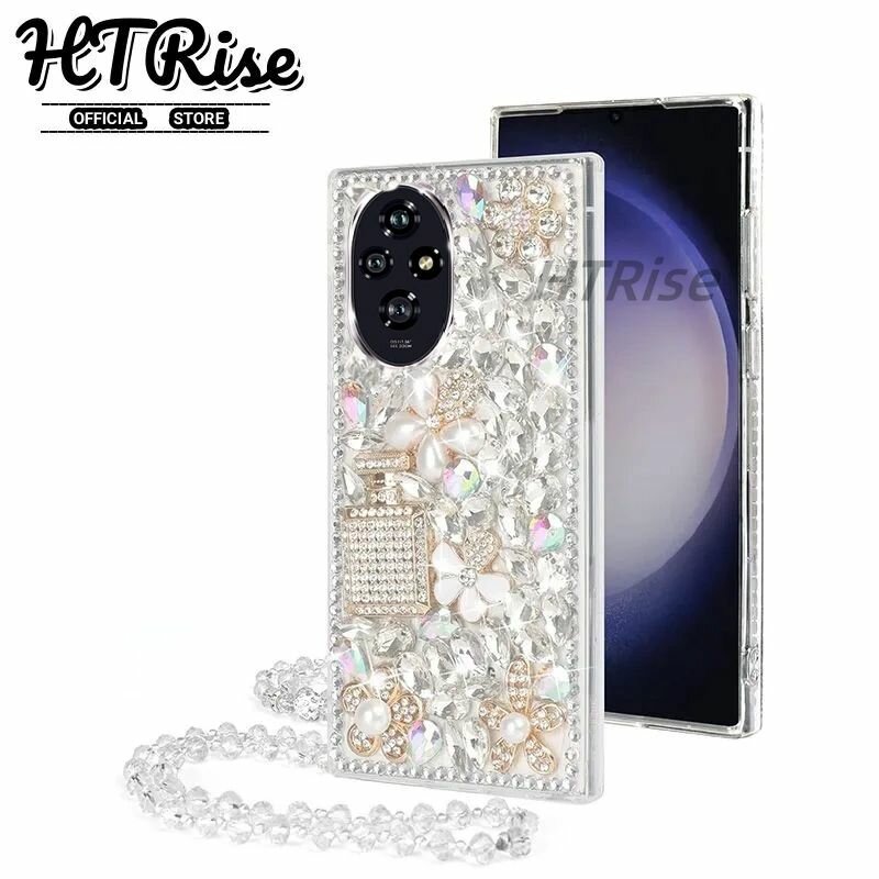 Чехол для Honor 200 / Хонор 200, Luxury 3D с бриллиантовым кристаллом, блестящим флаконом духов и цветочным чехлом для телефона, блестящей цепочкой и ремешком-шнурком