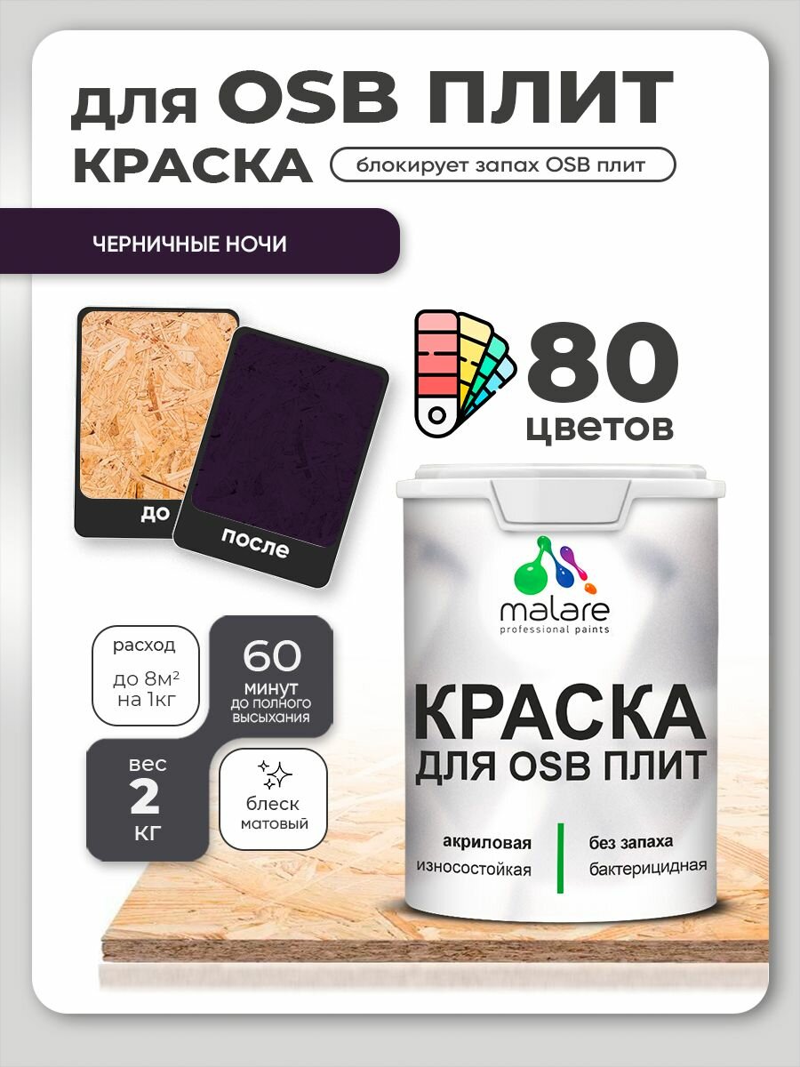 Акриловая краска для ОСБ плит Malare для дерева для наружных и внутренних работ, быстросохнущая без запаха матовая, черничные ночи, 2 кг