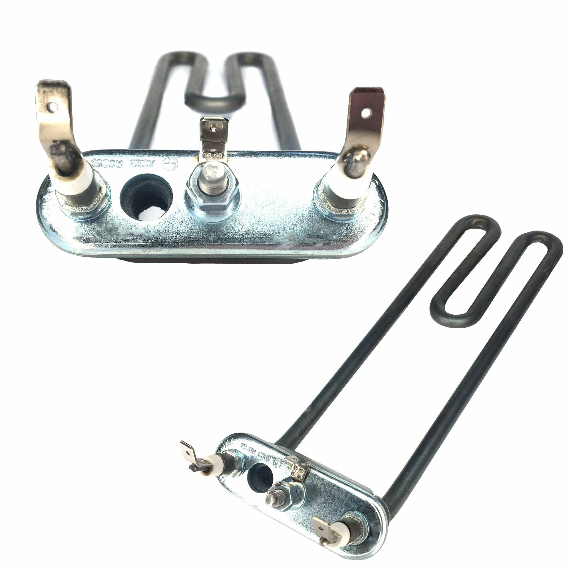 Нагреватель (ТЭН) для стиральной машины Bosch, Siemens, Neff 1900W, L-225/240 мм, с отверстием под датчик, резко изогнутый 45 градусов, с бортиком