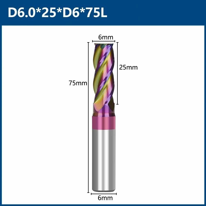 Фреза спиральная четырехзаходная XCAN, HRC65 6х6х25х75мм, по металлу, с покрытием Ultra Surface