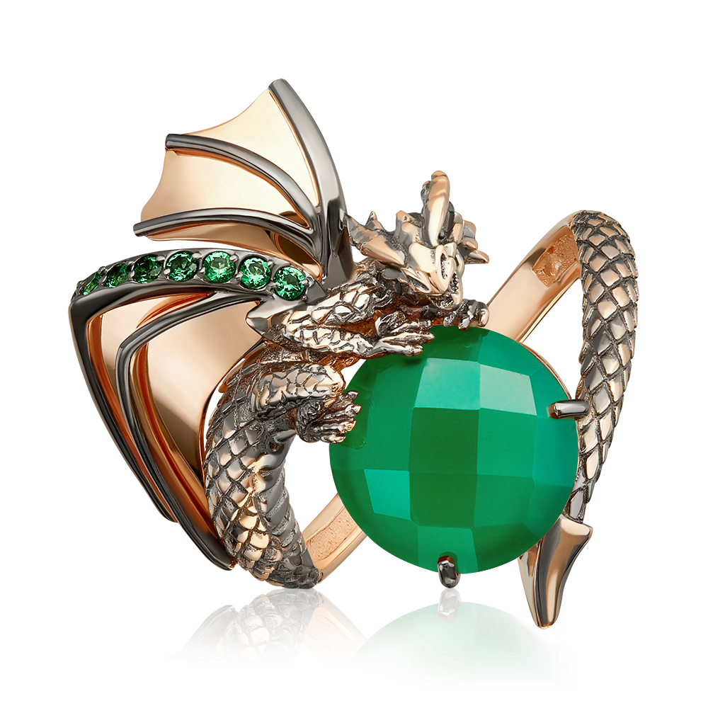 Кольцо, красное золото, 585 проба, фианит, халцедон