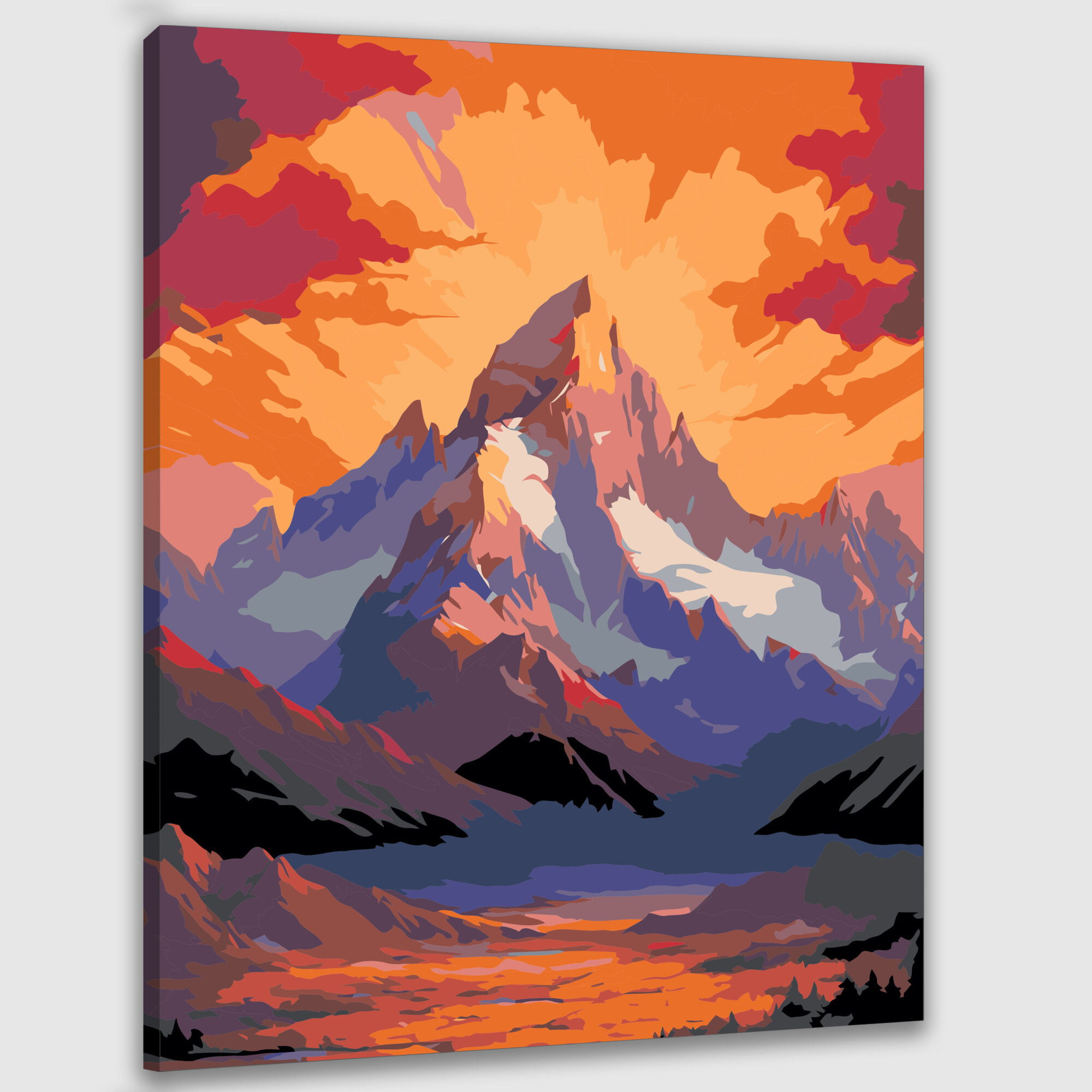 Картина по номерам 40x50 см, картина маслом, горный хребет, закат, вершины, золотистый свет, горы, края, расщелины