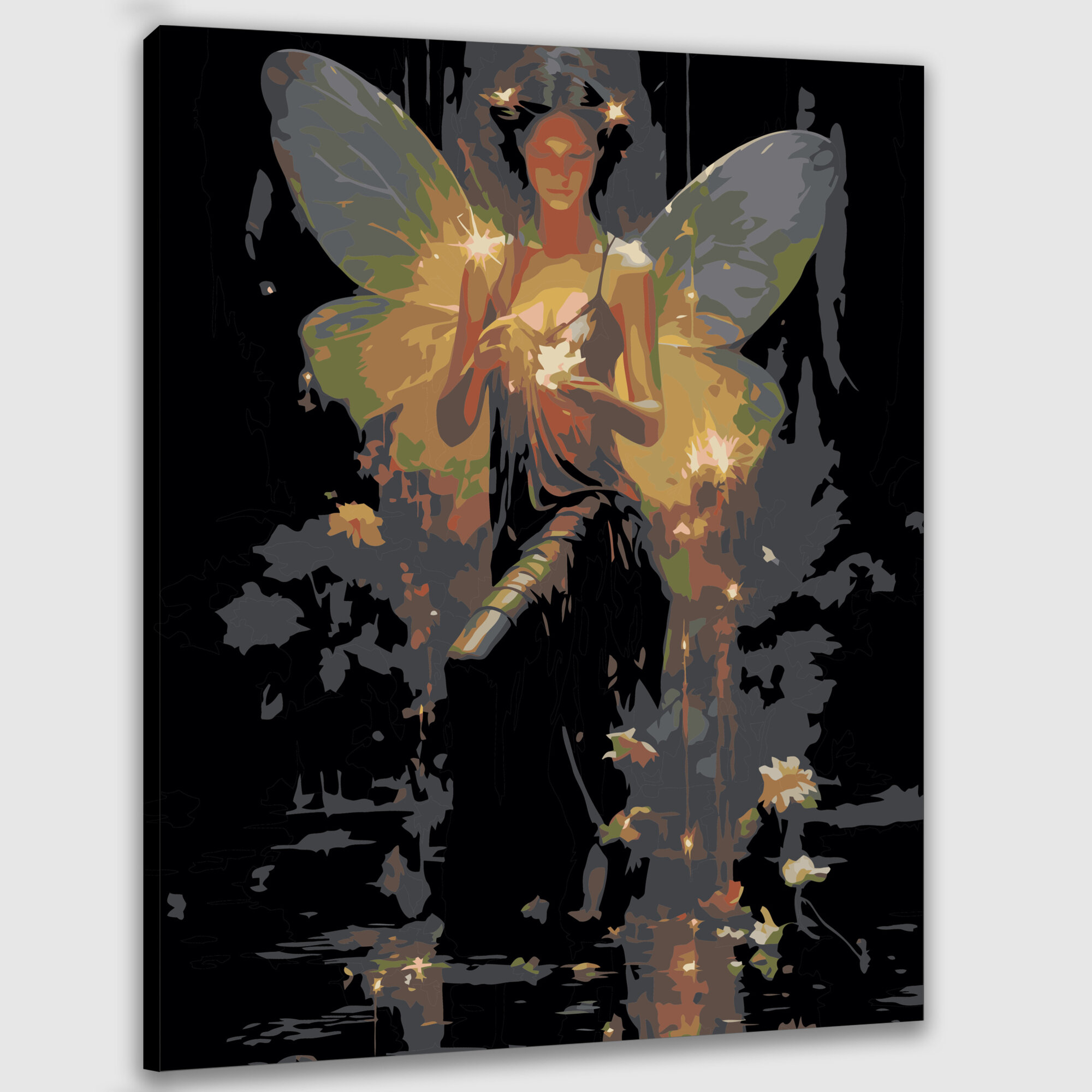 Картина по номерам 40x50 см, фея, ореол, лучи, крылья, блики, роса, цветы, атмосфера, спокойствие, утро