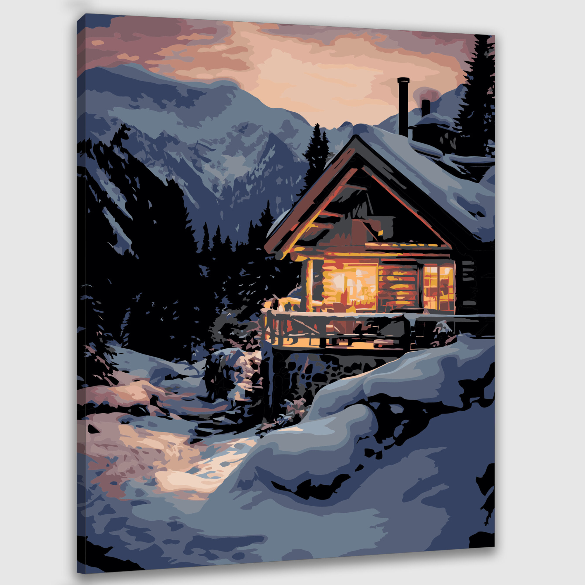 Картина по номерам 40x50 см, фотография, домик, заснеженные горы, дым, труба, окна, свет, уютная атмосфера