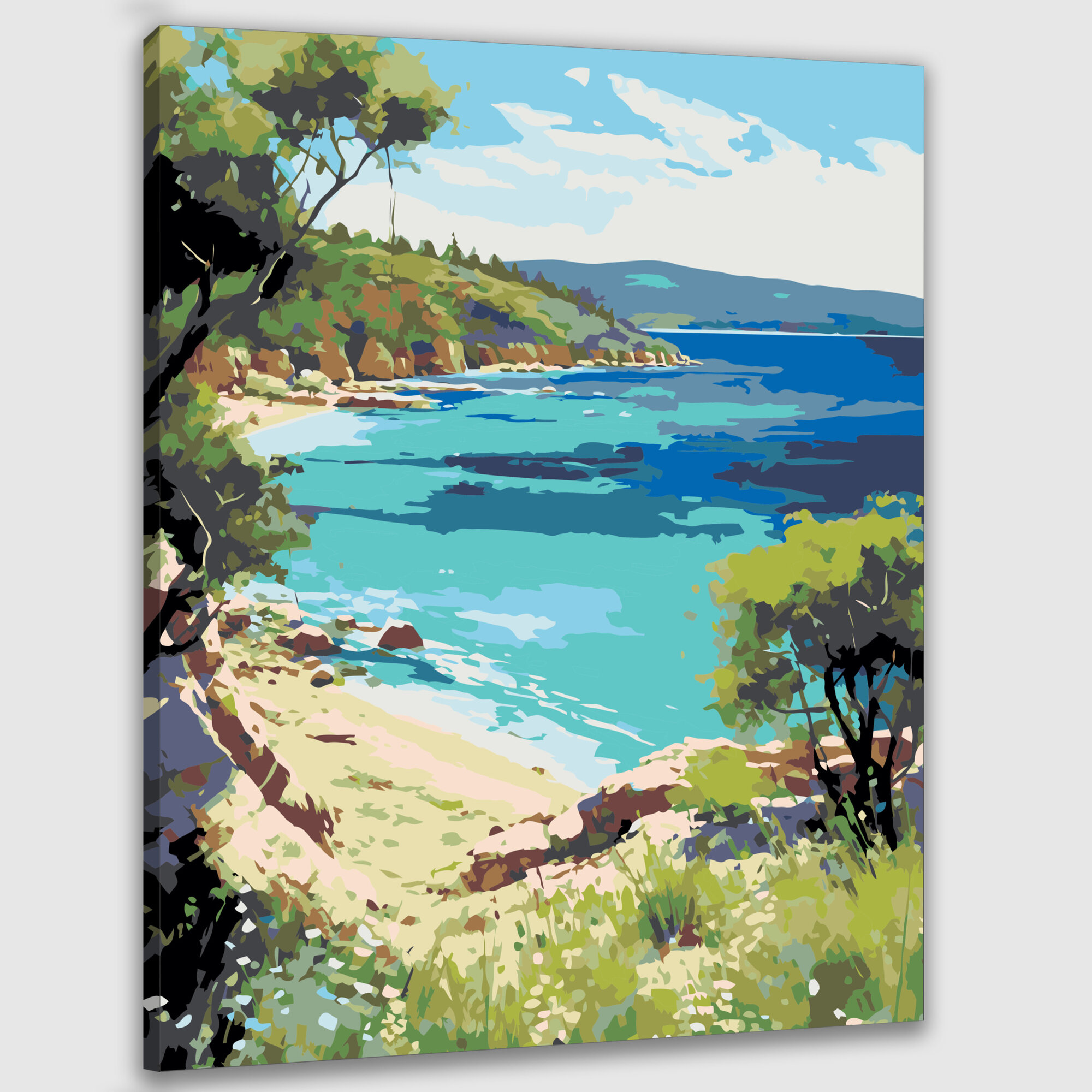 Картина по номерам 40x50 см, картина маслом, морское побережье, песчаный пляж, Греция, холмы, спокойствие, гармония