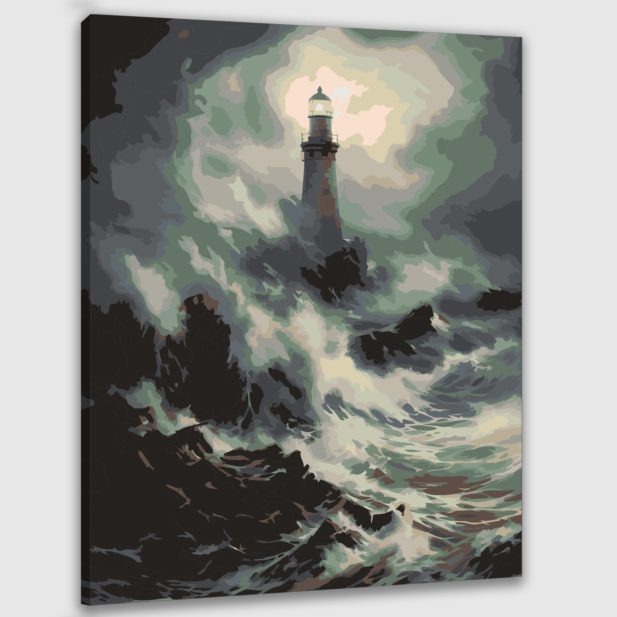 Картина по номерам 40x50 см, картина, масло, океанский шторм, мощь природы, темные облака, высокие волны, маяк