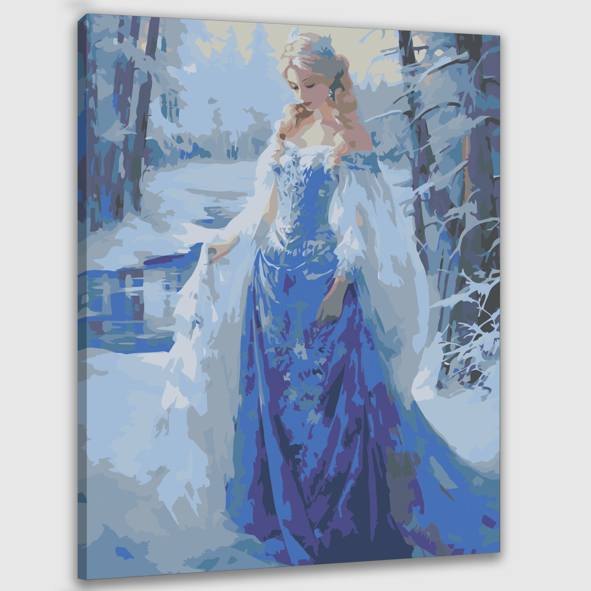 Картина по номерам 40x50 см, картина маслом, Снегурочка, зимний пейзаж, нежные объятия, иней, заснеженный луг, сосны