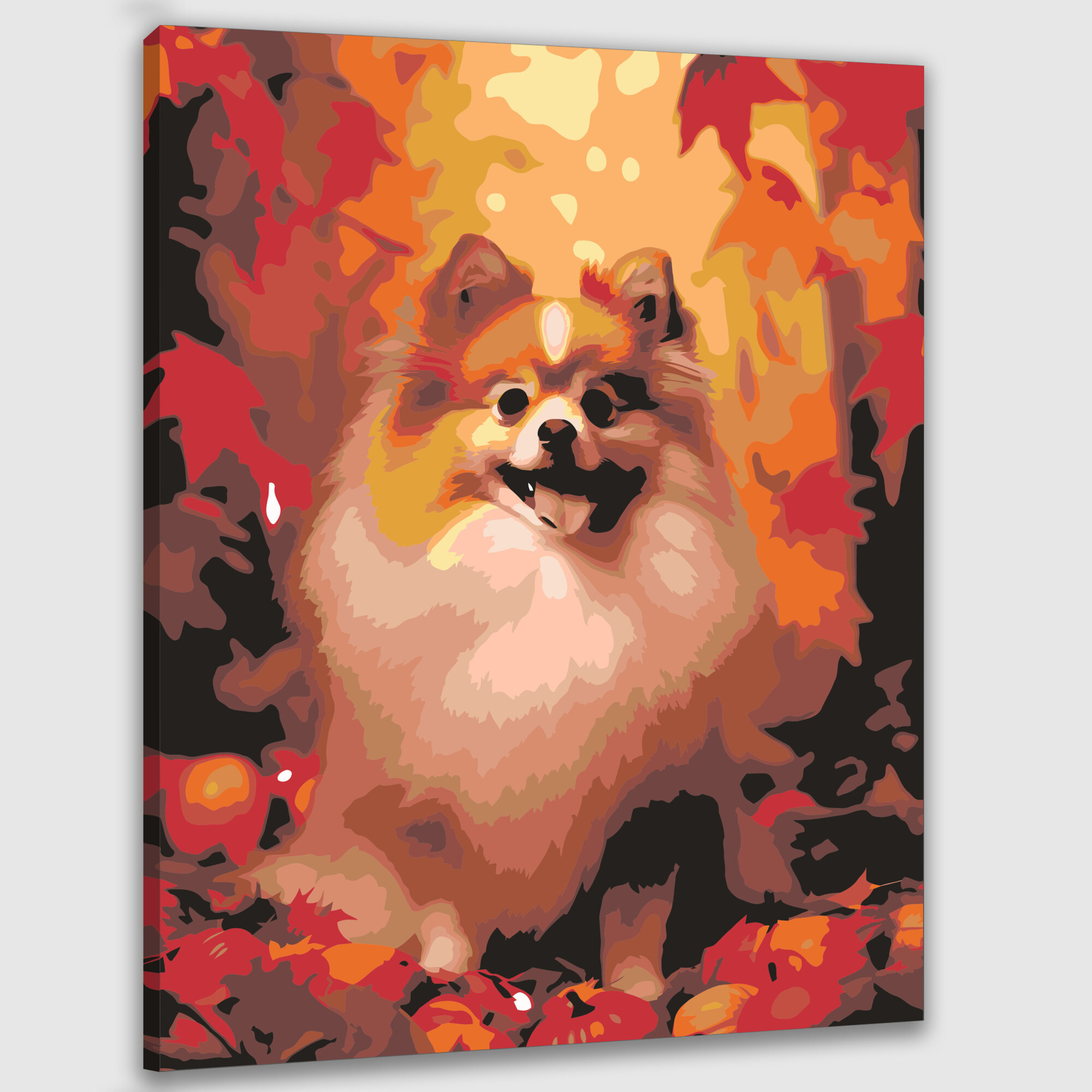 Картина по номерам 40x50 см, шпиц, фотография, осенние листья, роскошный мех, контраст, цвета сезона, элегантность