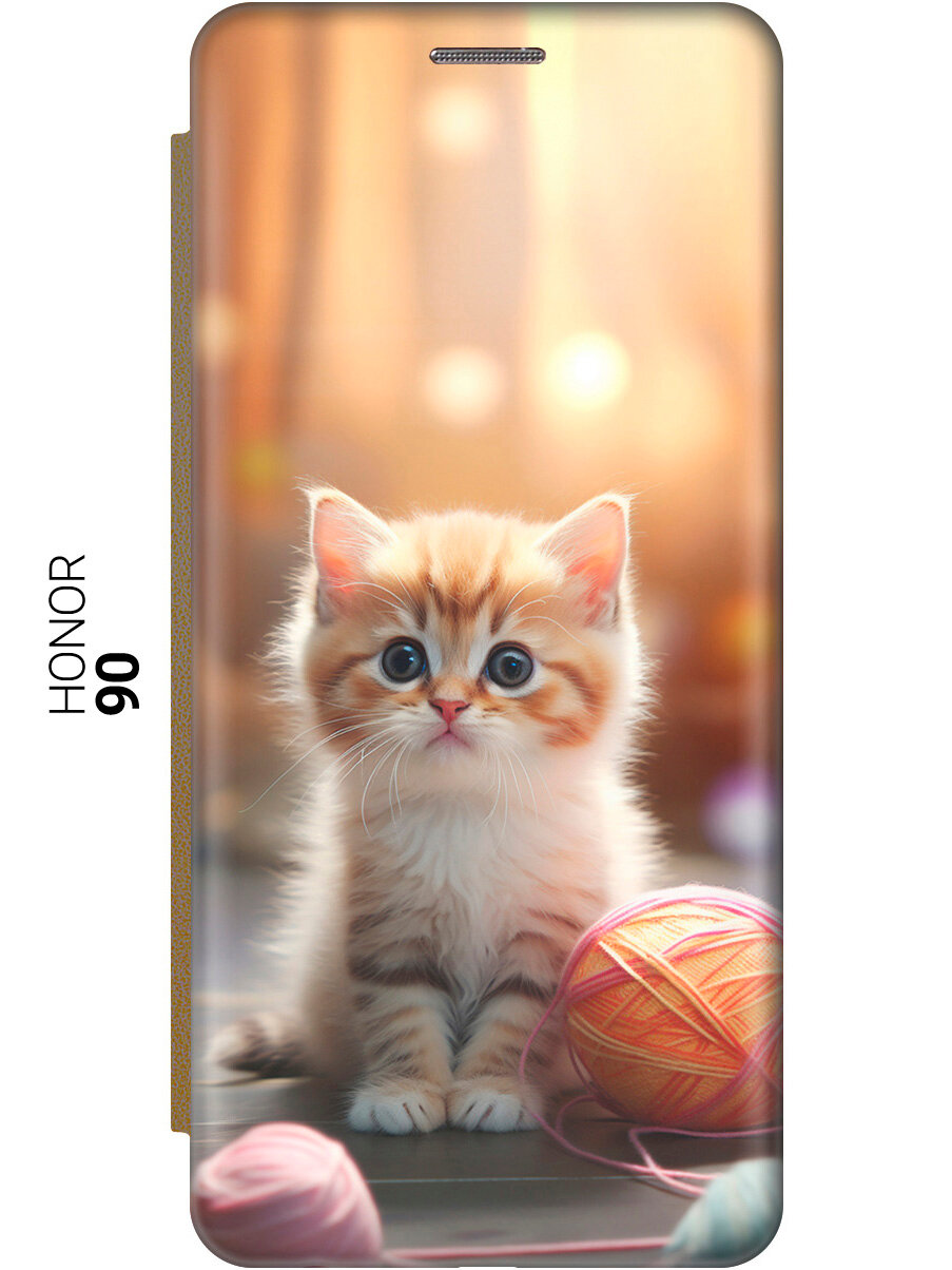 Чехол-книжка на Honor 90 / Хонор 90 с рисунком "Котик и нитки" золотистый