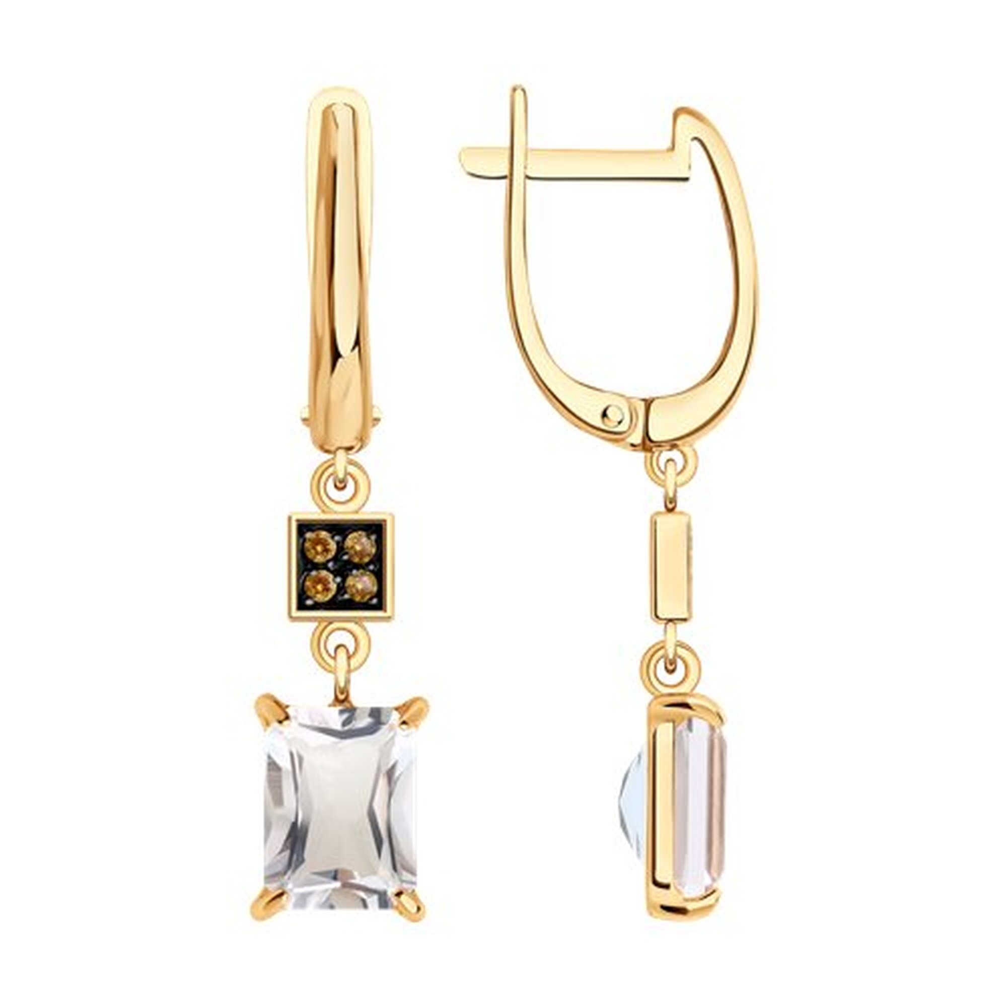 Серьги, красное золото, 585 проба, фианит, горный хрусталь