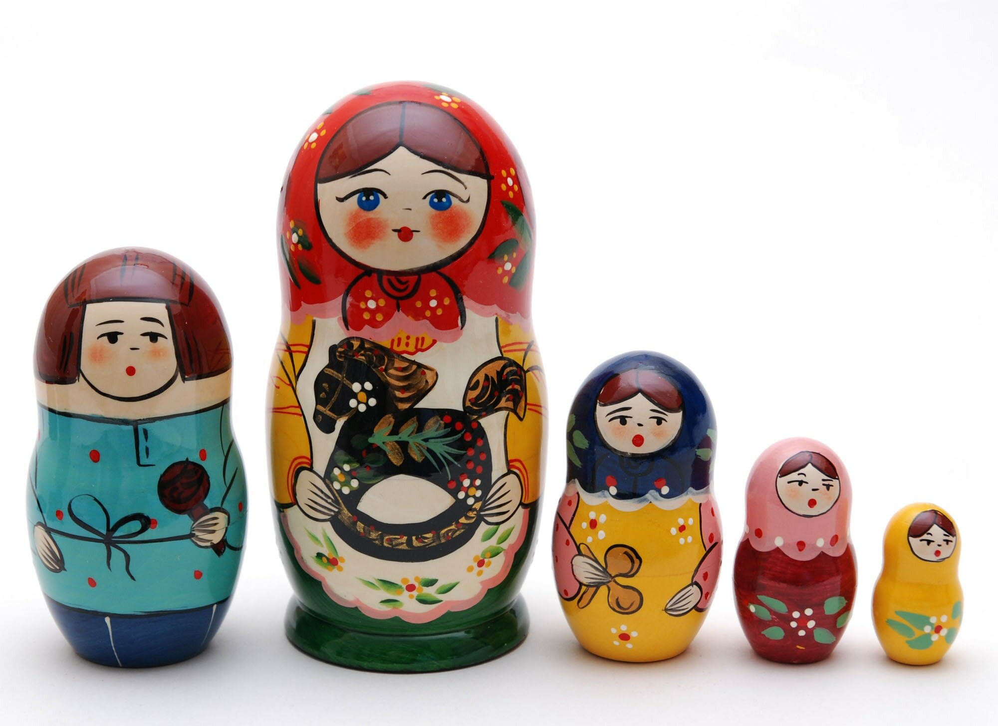 Матрешка авторская традиционная с лошадкой 5 мест, высота первой 17см