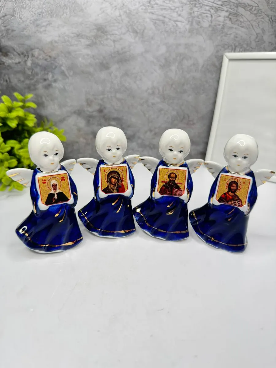 Набор фигурок Ангелочки с иконами Иисус, Матрона, Николай Чудотворец, Божья Матерь, 10 см