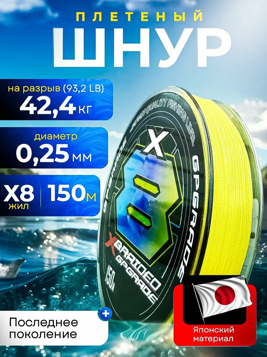 Желтая плетеная леска JYMFISH 0.25 мм, 8 жил, длина 150 м – прочный шнур-плетенка для рыбалки