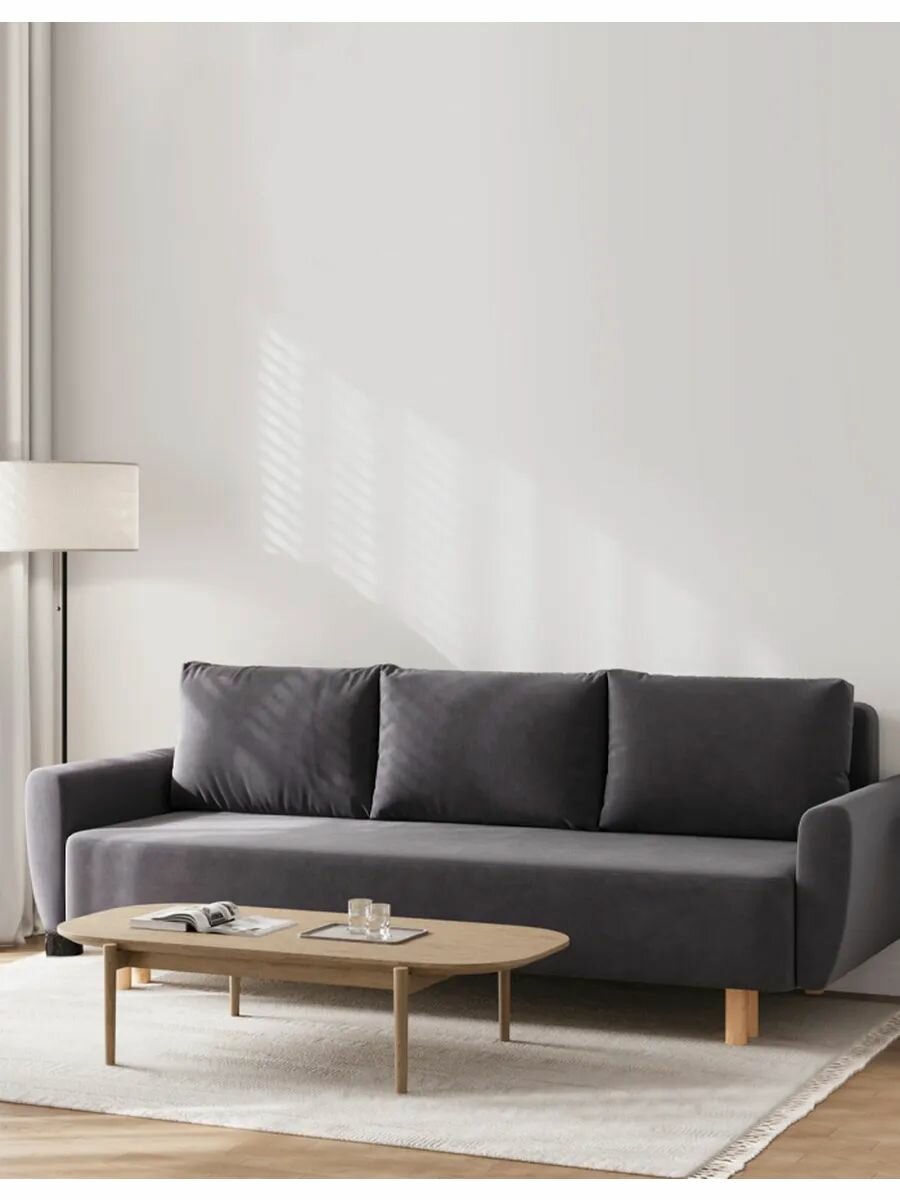 Диван кровать прямой Аксель раскладной, тик-так, с ящиком для хранения, на ножках, 141х201 см спальное место, Графит, велюр