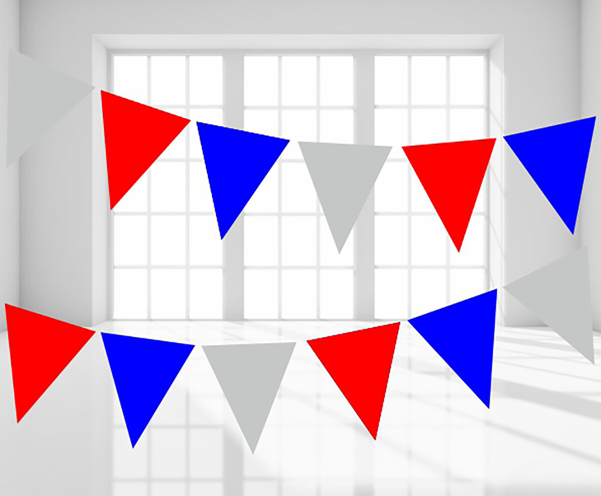 Гирлянда-вымпел Красный-Серебро-Синий, 14 вымпелов для украшения интерьера
