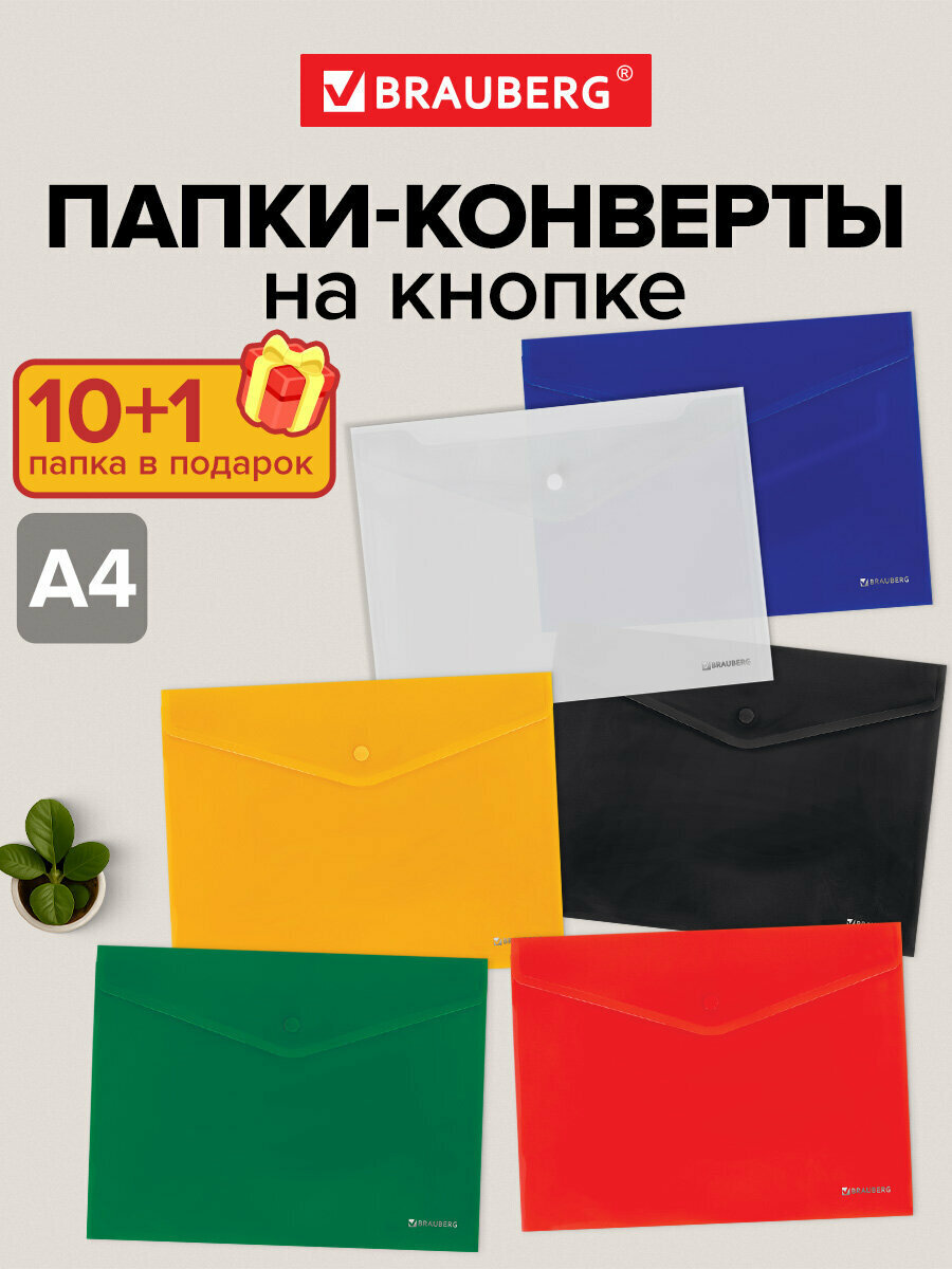 Папка конверт для документов, тетрадей и бумаг А4 с кнопкой, набор 11 штук, канцелярия для школы и офиса, цвета ассорти, Brauberg, 272869