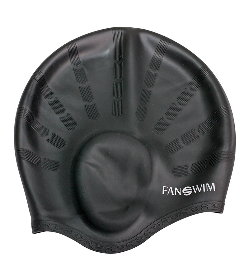 Шапочка для плавания силиконовая FanSwim CP8, с выемками для ушей, черная
