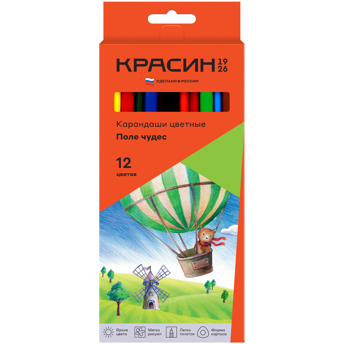 Карандаши цветные Красин «Поле чудес», 12цв, трехгр, заточен, картон, европодвес