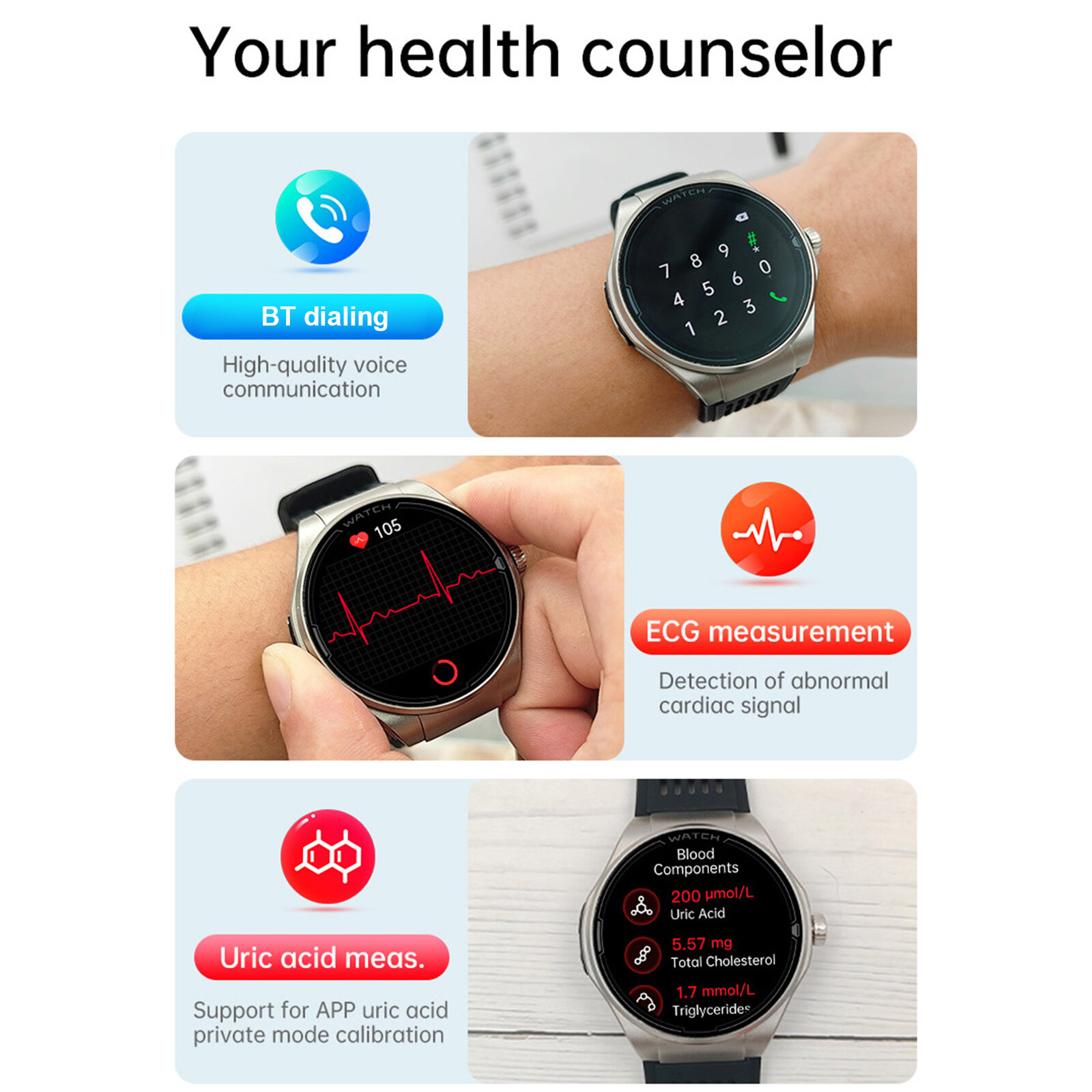 1,43-дюймовый AMOLED-экран JA03 Smartwatch BT Talk/неинвазивный уровень глюкозы/мочевой кислоты/липидов/артериального давления/ЭКГ/встроенный литий-ионный аккумулятор емкостью 295 мАч