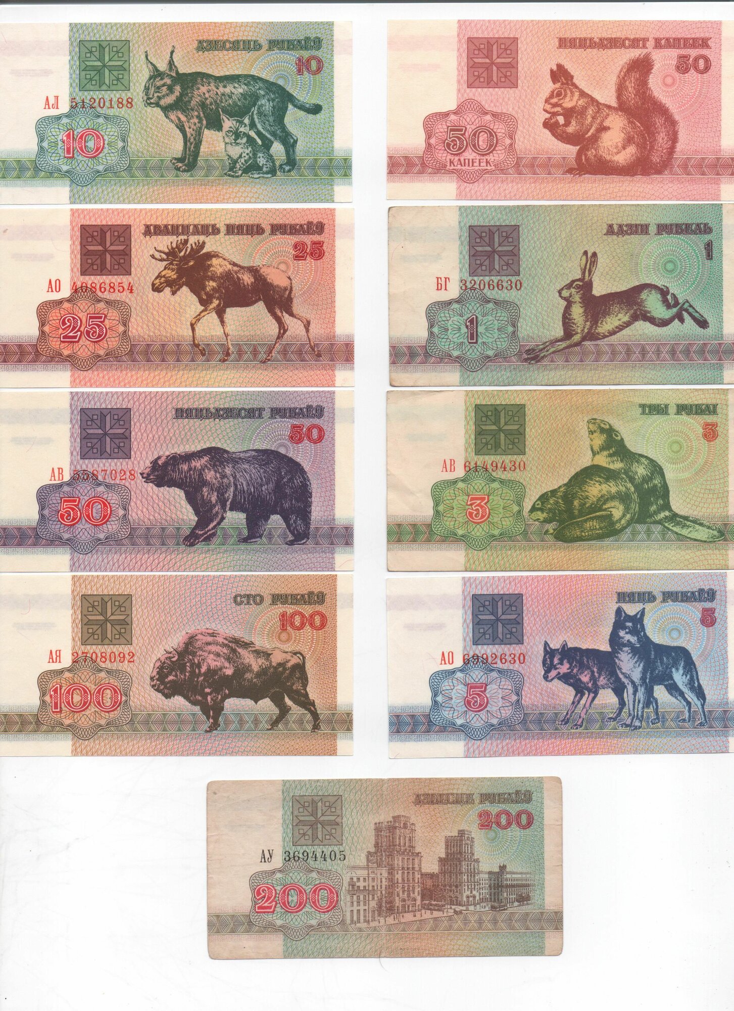 Набор банкнот Белоруссии 50коп 1, 3, 5, 10. 25, 50, 100, 200 рублей 1992 год