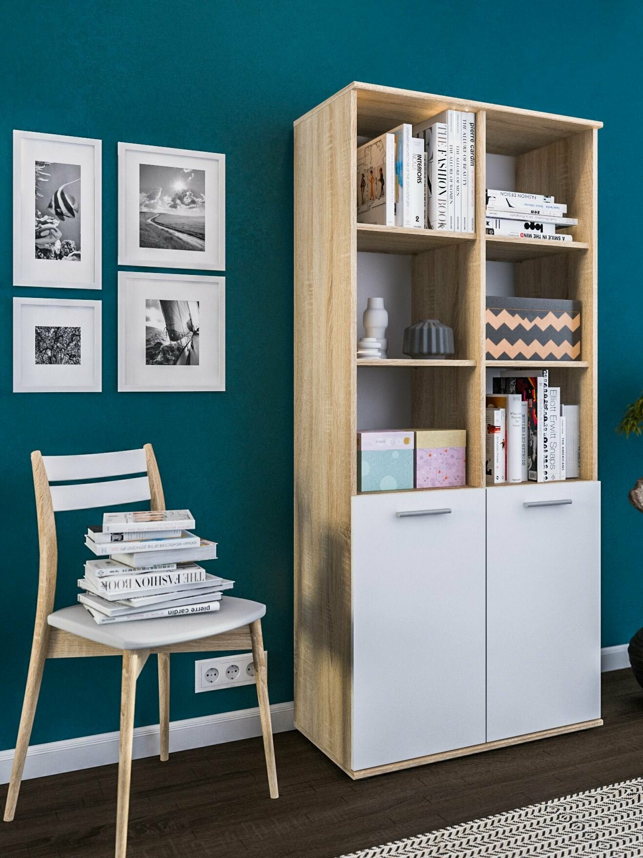 Стеллаж столплит Мамбо СБ-2757 с полками и двумя дверцами, кдсп Дуб Сонома/Белый, 78*176*44 см