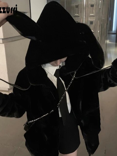 Весенняя пушистая куртка с кроличьими ушками, рукавами реглан, застежкой-молнией, легкая мягкая толстовка с капюшоном из искусственного меха в стиле Харадзюку кавайи 2025