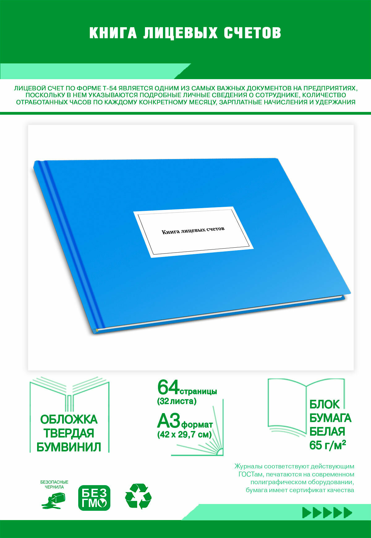 Книга лицевых счетов (формат А3) 64 страниц Твердый, голубой, бумвинил