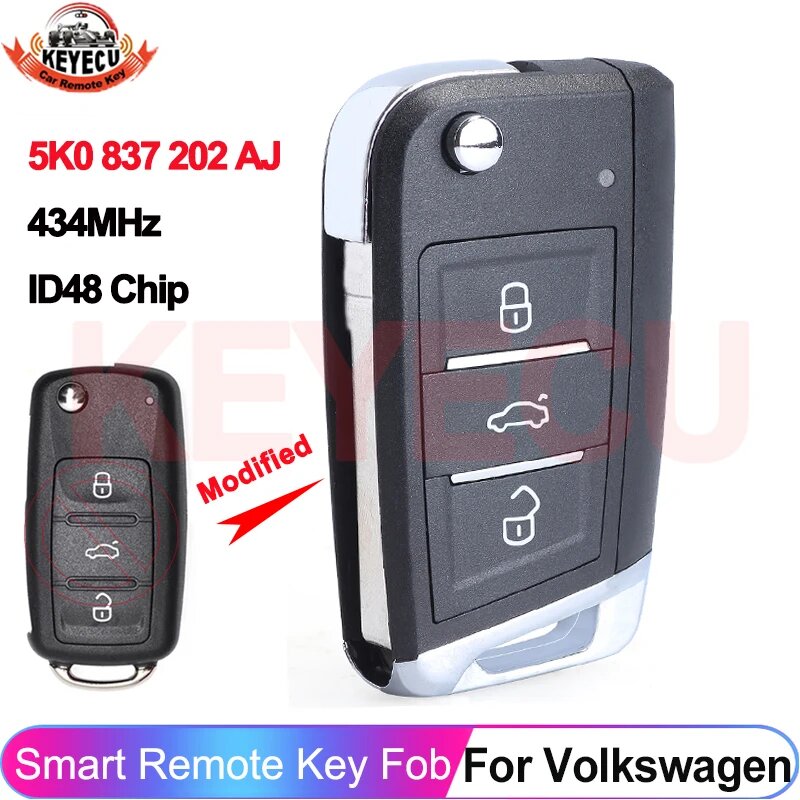 Брелок для VW Volkswagen Caddy Polo Beetle Jetta, 3 кнопки, 434 МГц, ID48, 1 Piece