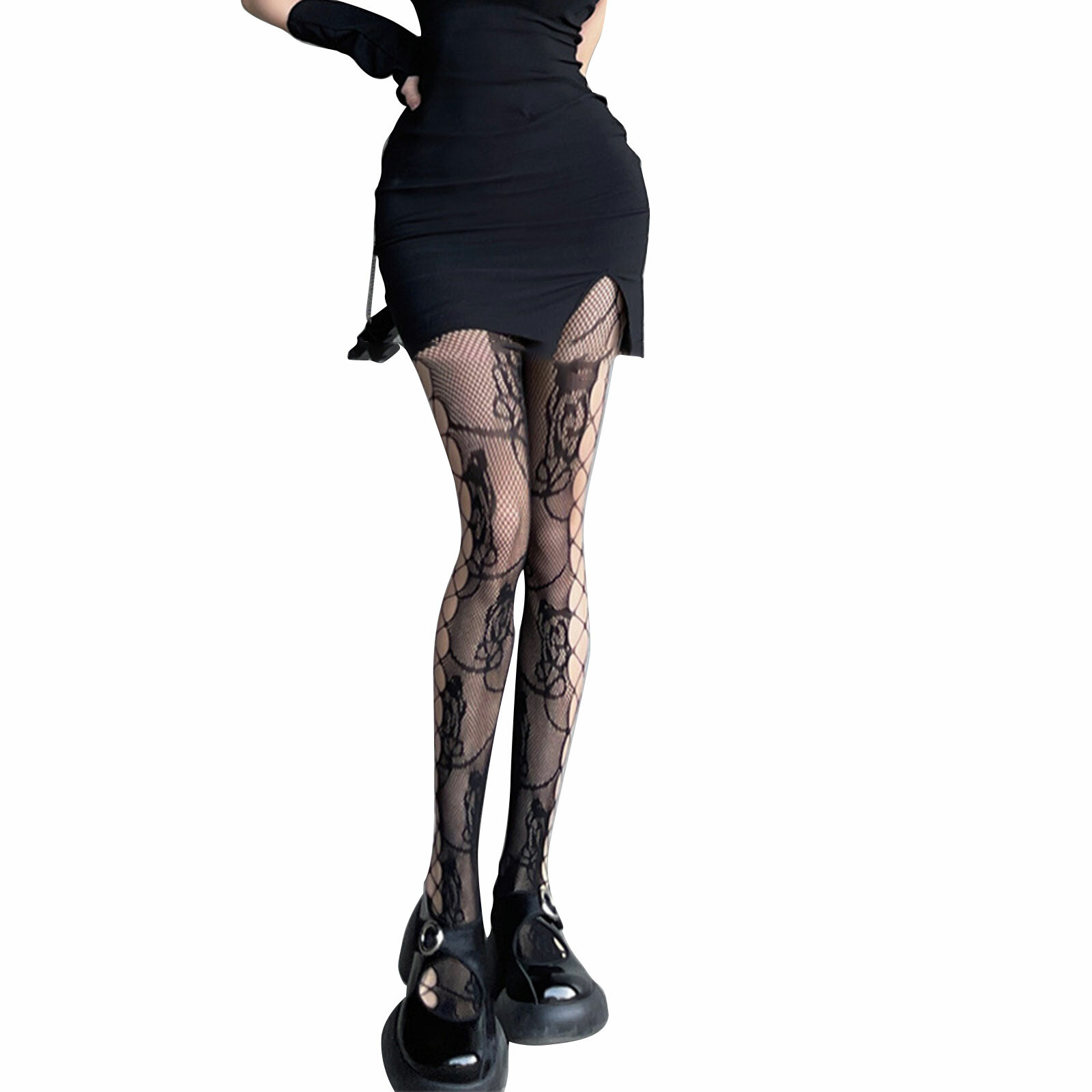 Женские готические сексуальные черные колготки в сеточку в стиле Харадзюку, жаккардовые прозрачные сетчатые колготки с цветком розы, боковые колготки с крестообразными вырезами Stoc