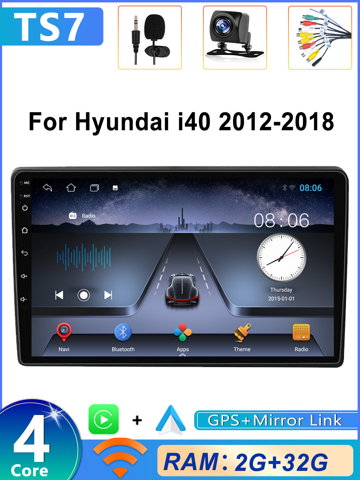 Автомагнитола для Hyundai i40 2012-2018, Bluetooth Wi-Fi Сенсорные кнопки , Серебристый CARPLAY IPS