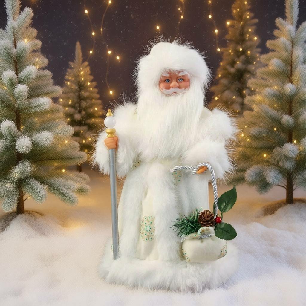 Дед Мороз под ёлку "Зимнее волшебство". В пушистой шубе, с мешком, 40 см, белый